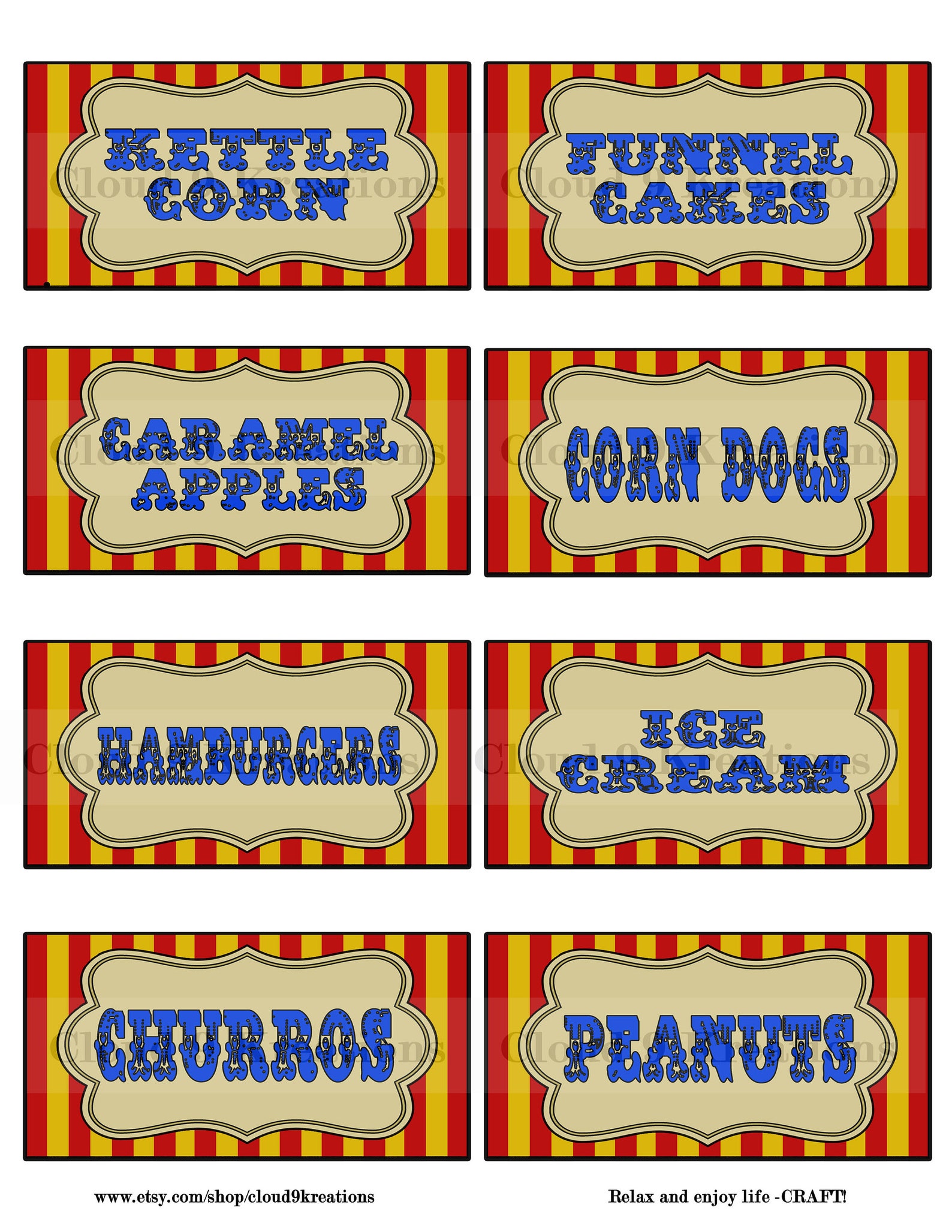 Carnival Food Labels, Circus Food Labels, Carnival Food Tags, Circus ...