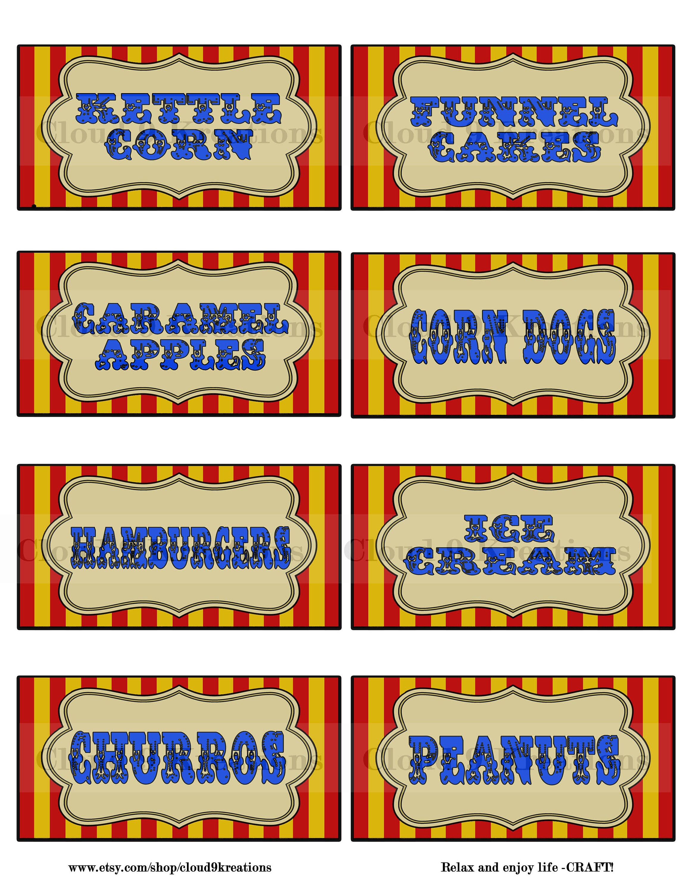 Carnival Food Labels, Circus Food Labels, Carnival Food Tags, Circus ...