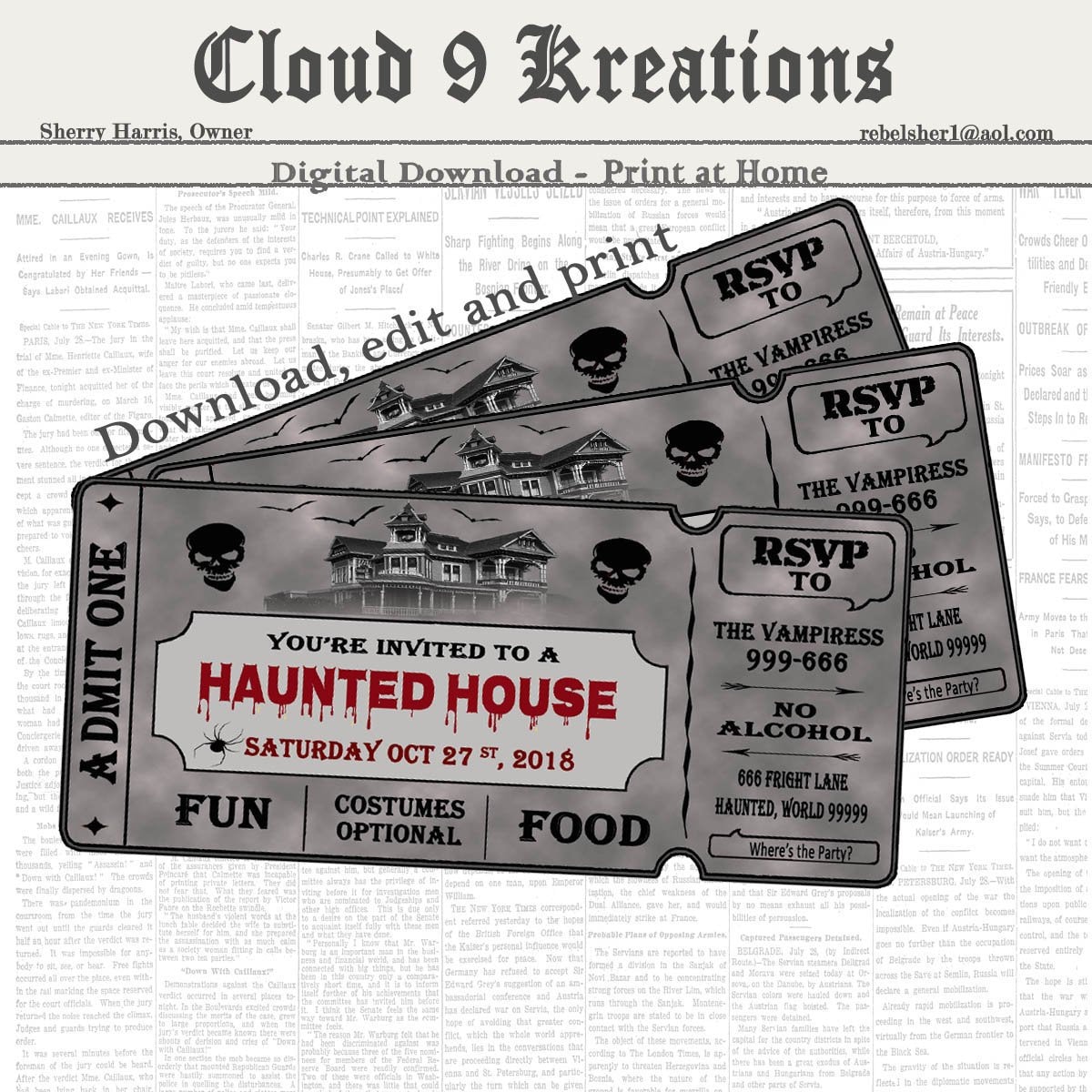 Halloween Haunted House Ticket Invitation, Halloween Haunted House ...