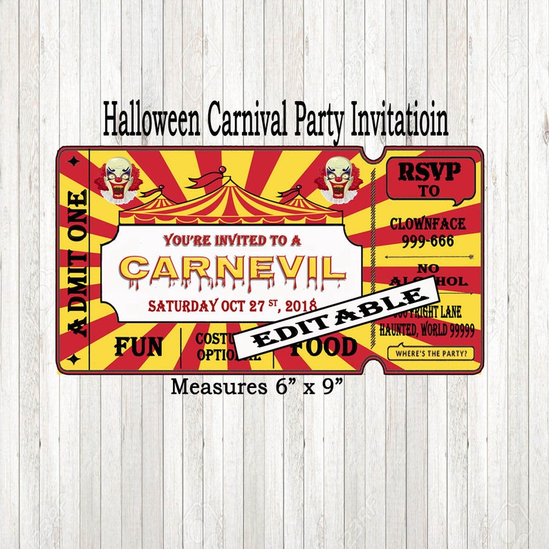 Halloween Carnival Ticket Invitation,editable, Carnevil Invitation ...