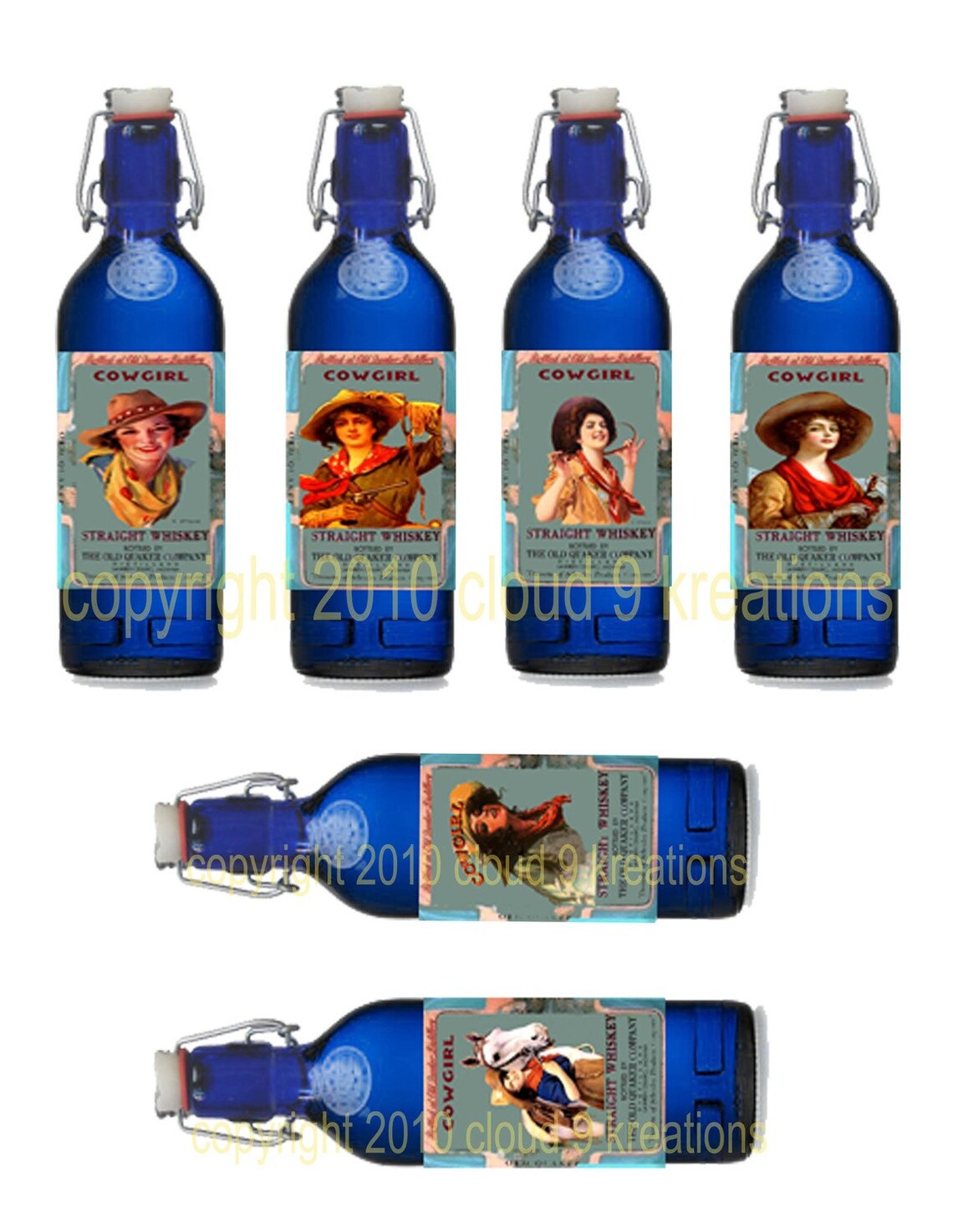 Cowgirl Labels on Cobalt Bottles...digital Collage Sheet - Etsy