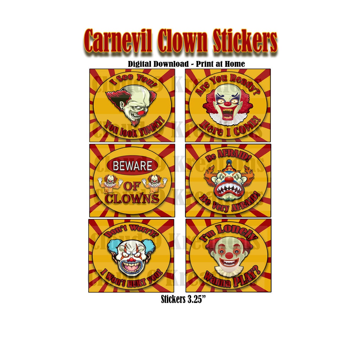 Clown Stickers, Clown Labels, Halloween Carnevil Clown Labels ...