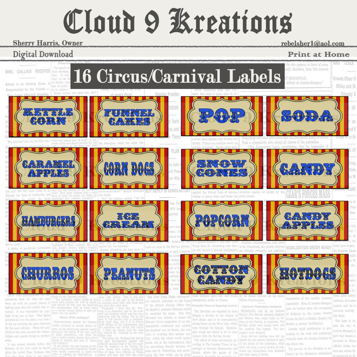 Carnival Food Labels, Circus Food Labels, Carnival Food Tags, Circus ...