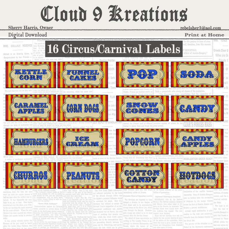 Carnival Food Labels, Circus Food Labels, Carnival Food Tags, Circus ...