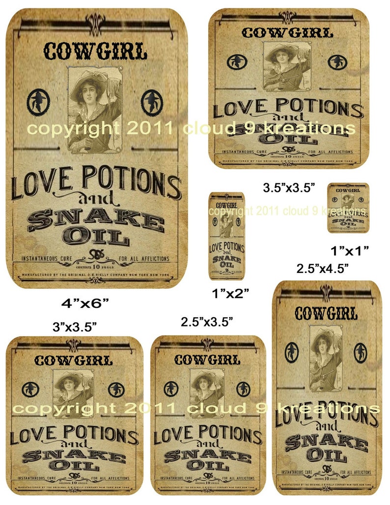 Cowgirl Love Potion and Snake Oil Labels...altered Art...digital ...