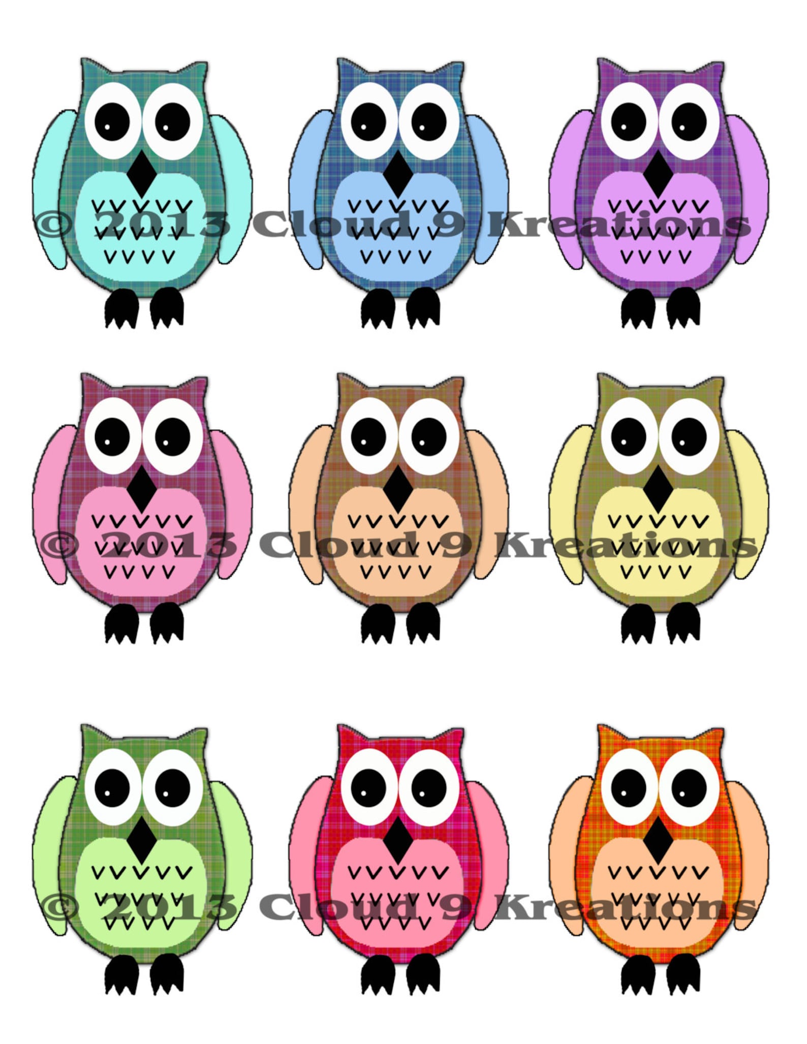 9 Colorful Owls Digital Collage Sheet Digital Download Printable ...