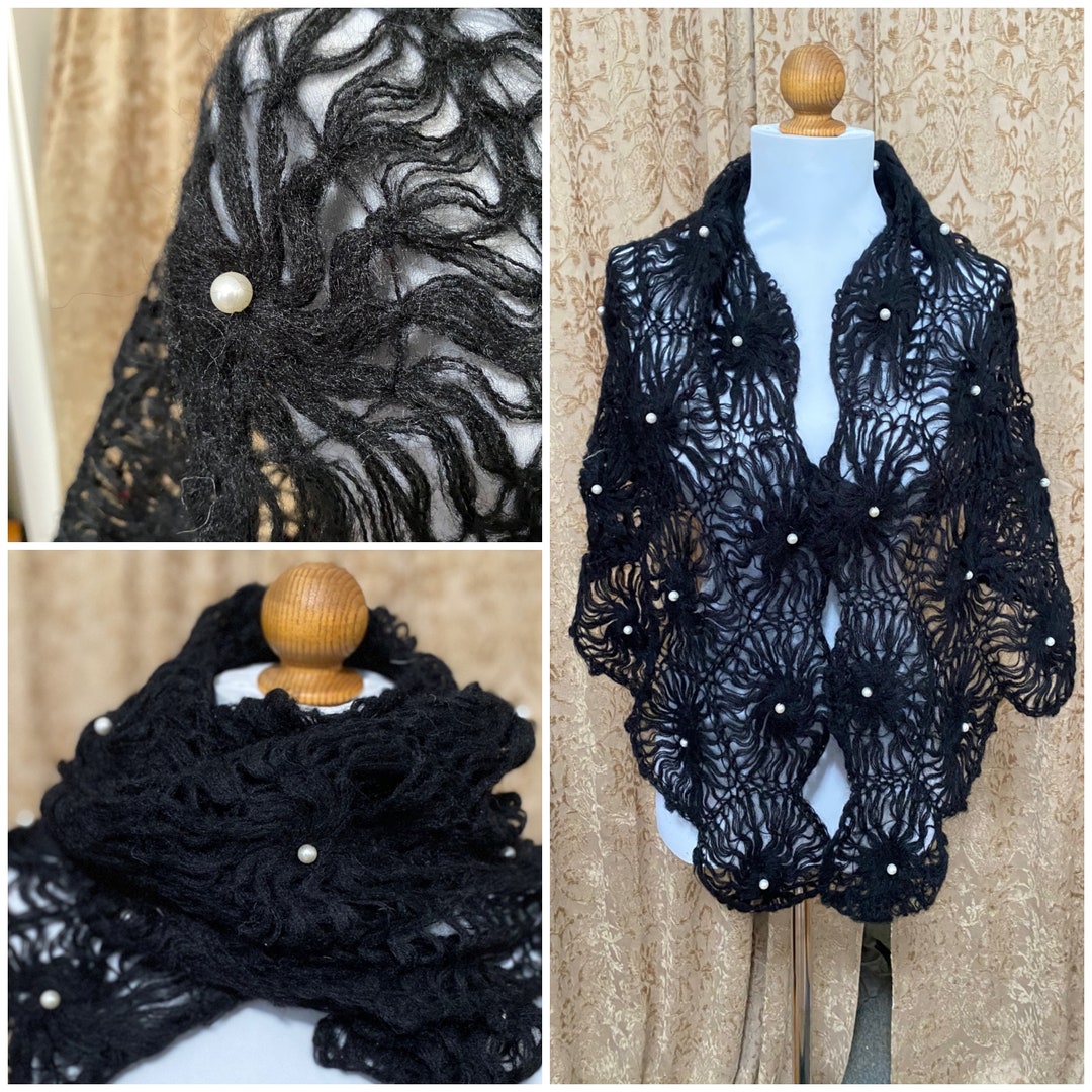 Black Shawl Spider Web Shawl Crochet Wrap With Pearl Detail - Etsy