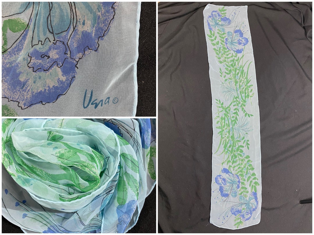 Vintage Silk Chiffon Scarf 1970s Sky Blue Green Periwinkle Floral ...