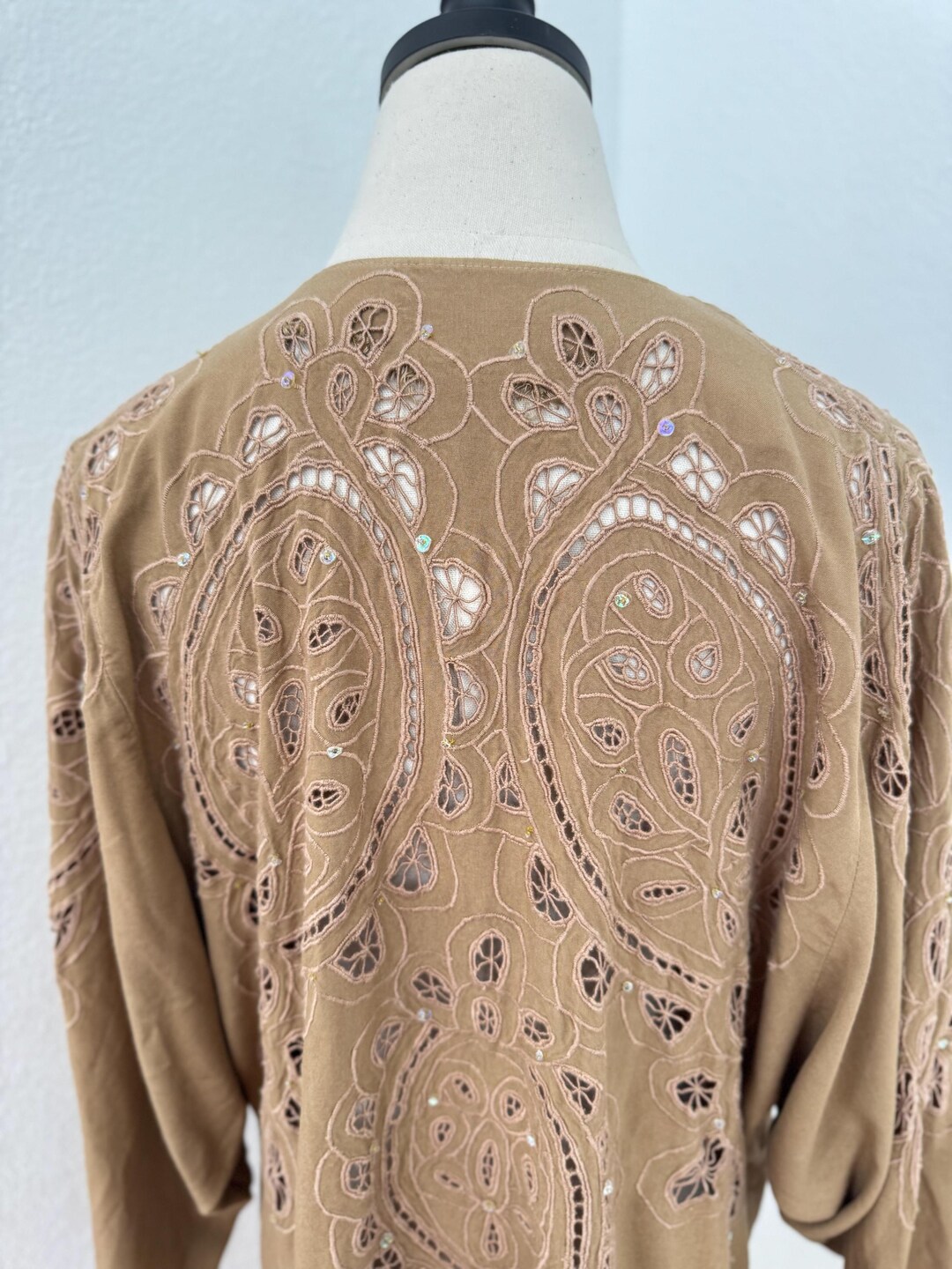 Vintage Boho Embroidered Duster – Tan Cutwork Jacket With Paisley ...