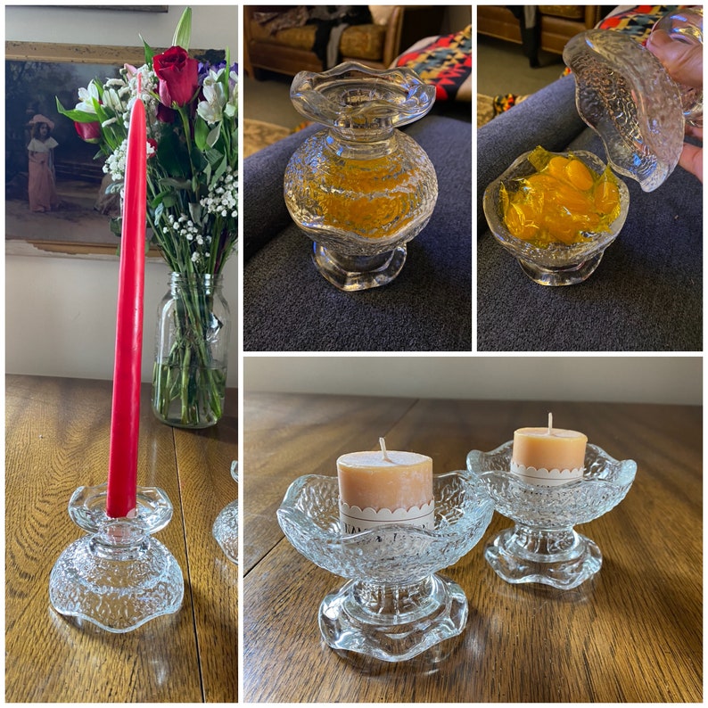 Pebble Glass Reversable Candle Holders Set Candy Dish Vintage Anchor ...
