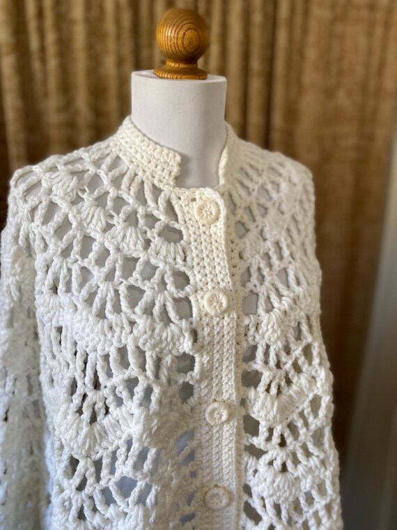 1960s White Crochet Cape Shawl Handmade Mod Hippie - Gem