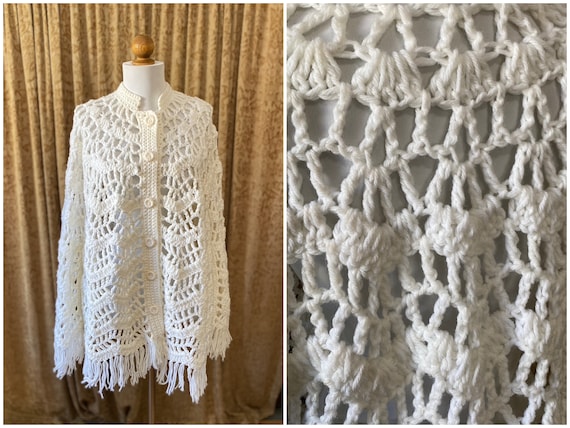1960s White Crochet Cape Shawl Handmade Mod Hippie - Gem