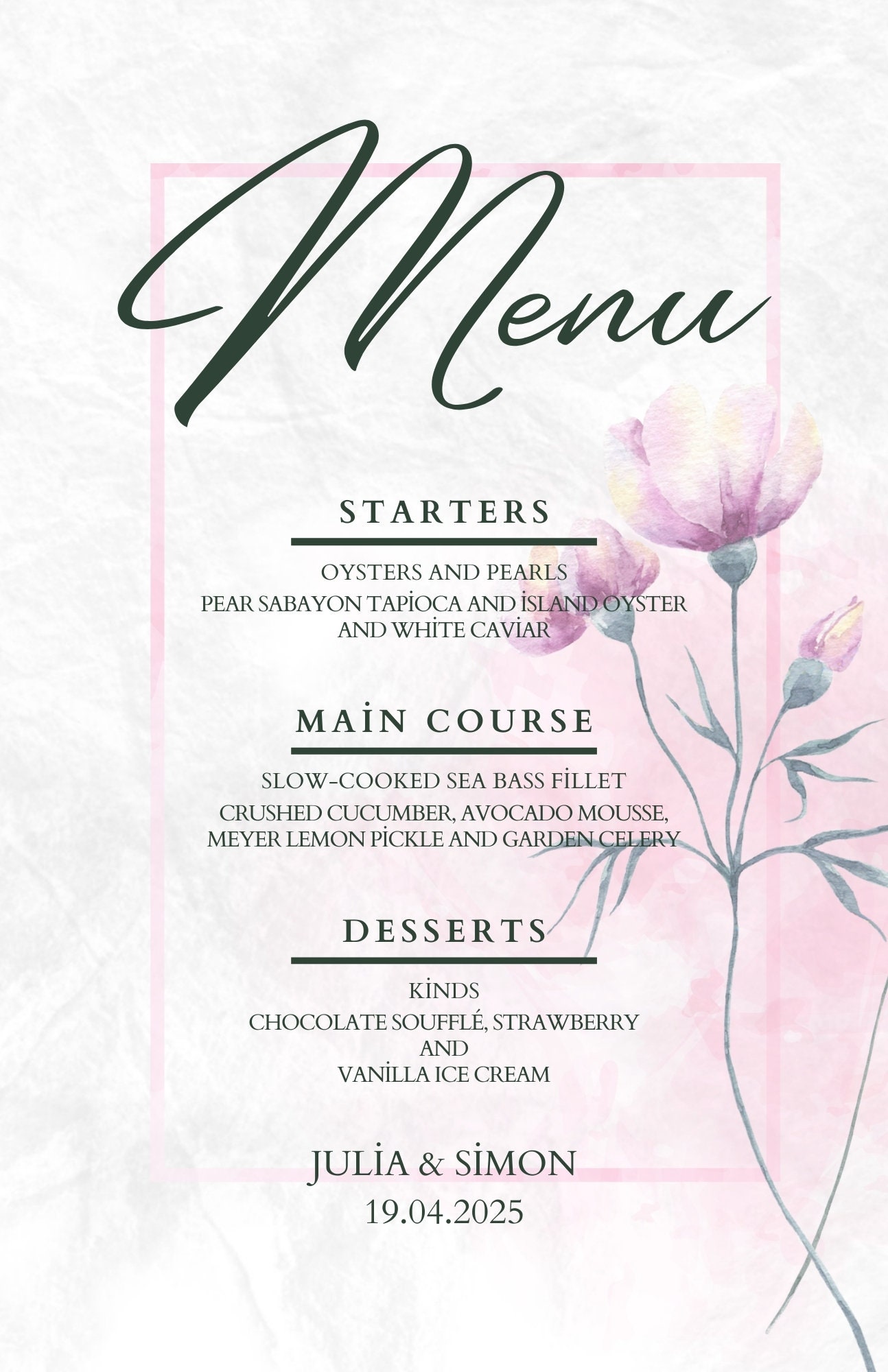 Flower Menu Template, Garden Party Bridal Menu, Boho Flowers Event Menu ...