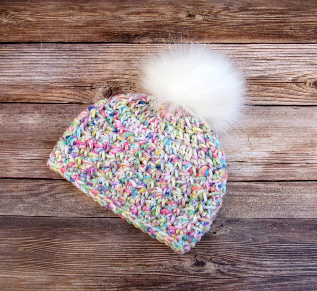 Newborn Girl Pom Pom Hat, Multicolor Acrylic Knit Winter Beanie - Etsy