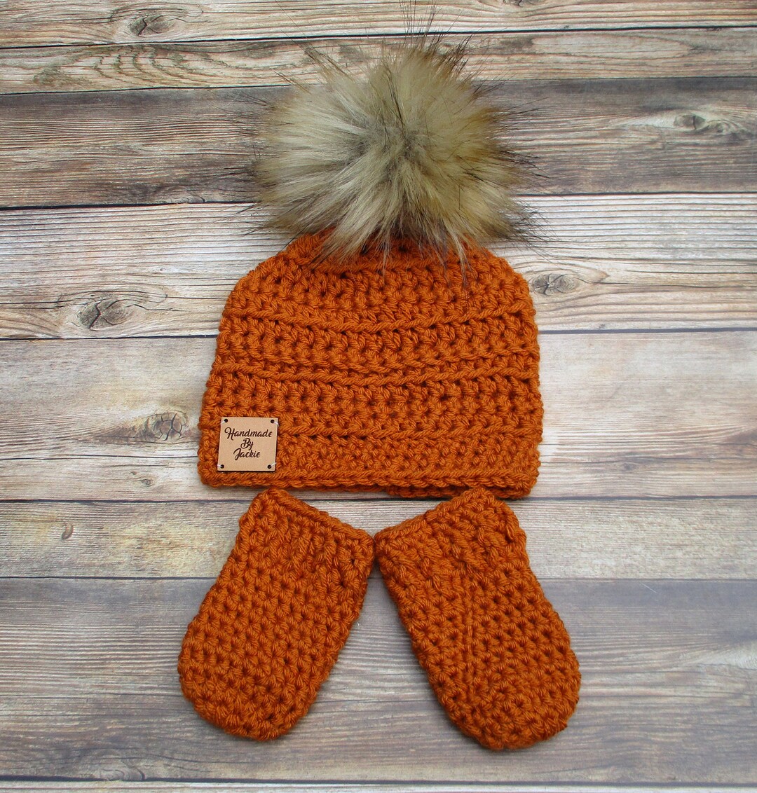 Pumpkin Spice Baby Hat and Mitten Set: Faux Fur Pom, Acrylic Knit - Etsy