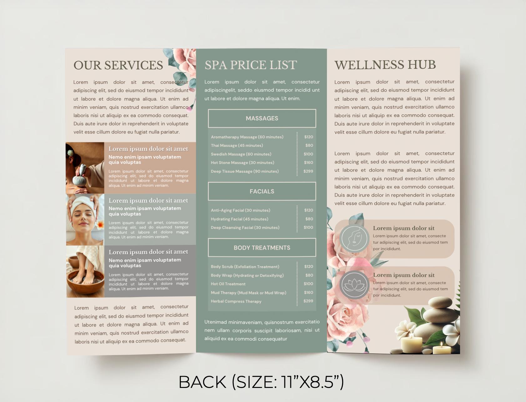 Spa Trifold Brochure Template: Editable Wellness Center Flyer (11"x8.5 ...