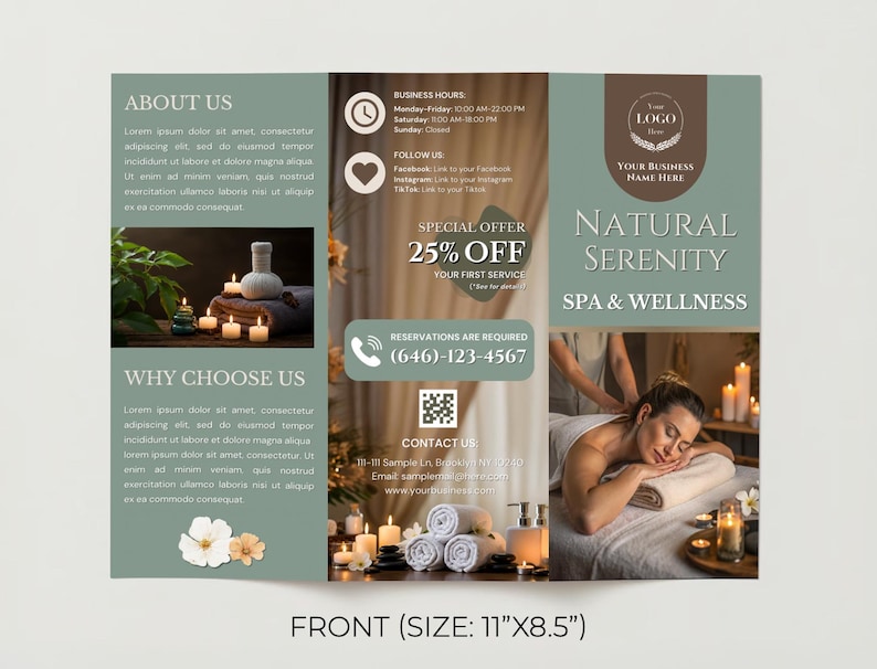 Spa Trifold Brochure Template: Editable Wellness Center Flyer (11"x8.5 ...