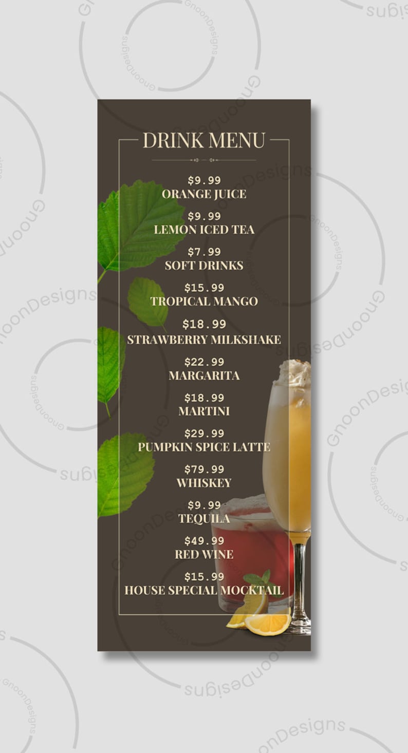 DRINK Menu-editable Drink Menu Template for Restaurants | 4.25" X 11 ...