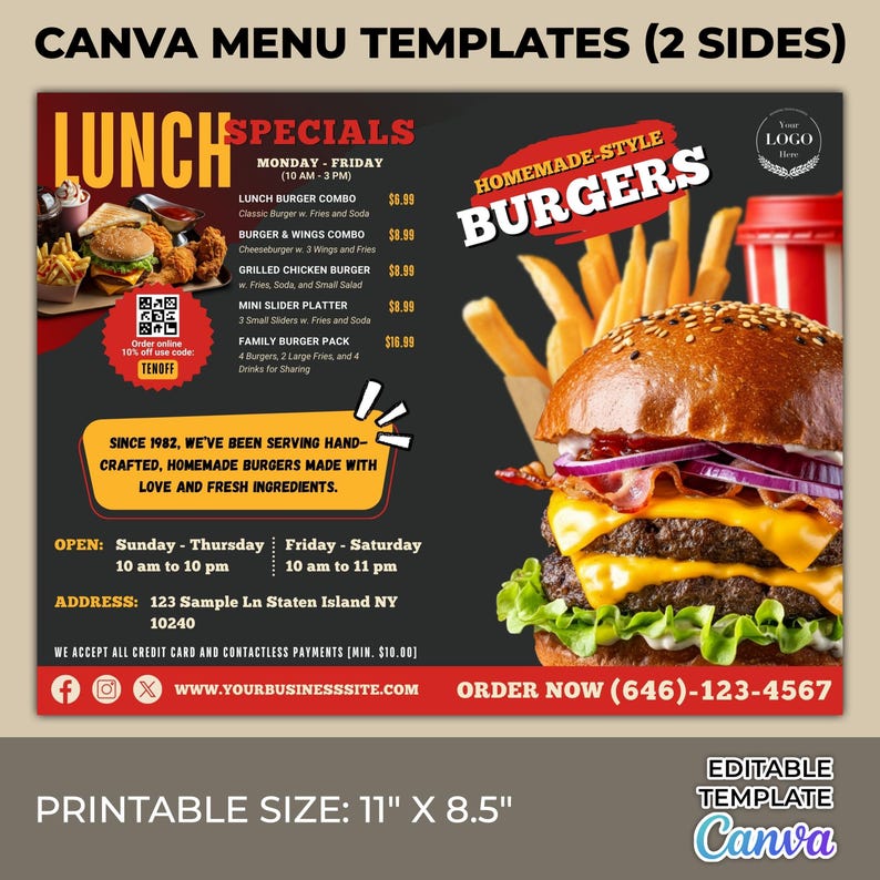 Fast Food Restaurant Menu Template: Editable Canva Design (11x8.5 ...
