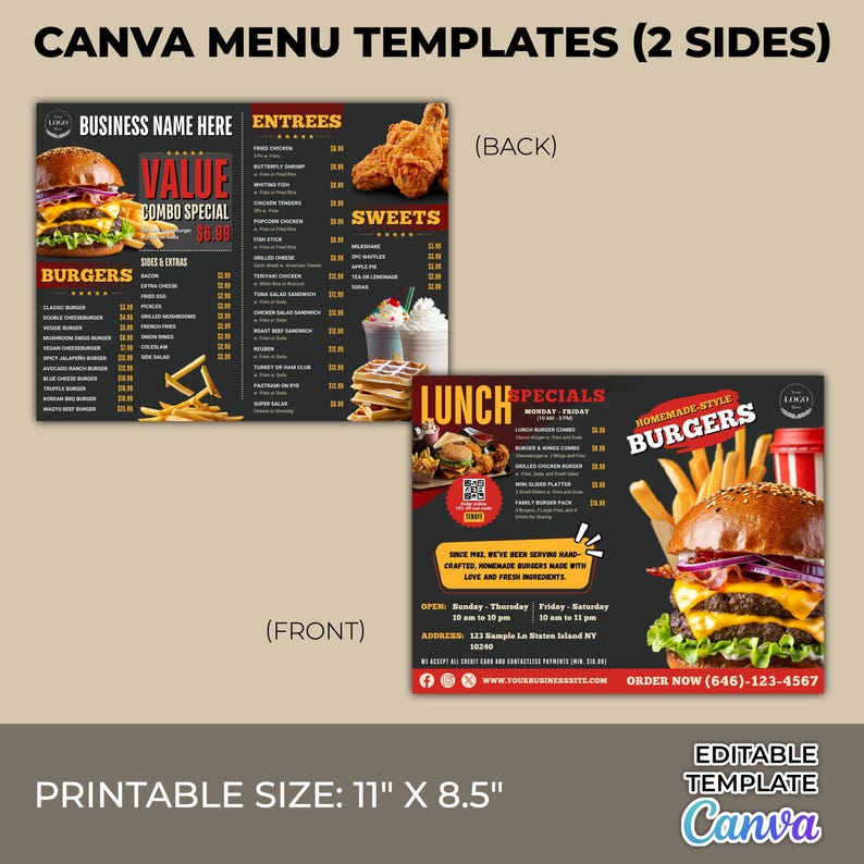 Fast Food Restaurant Menu Template: Editable Canva Design (11x8.5 ...