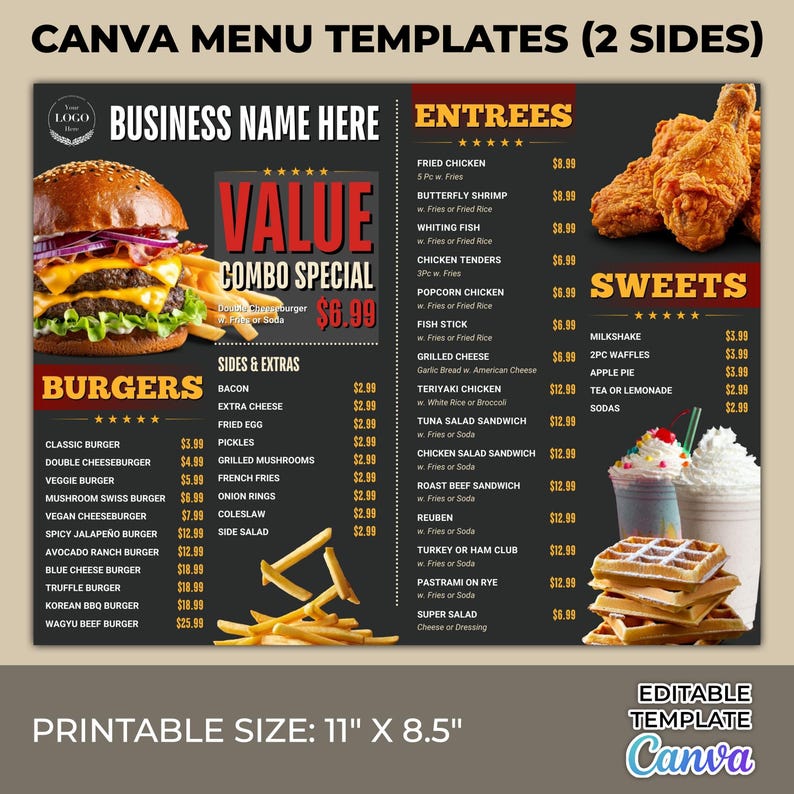 Fast Food Restaurant Menu Template: Editable Canva Design (11x8.5 ...