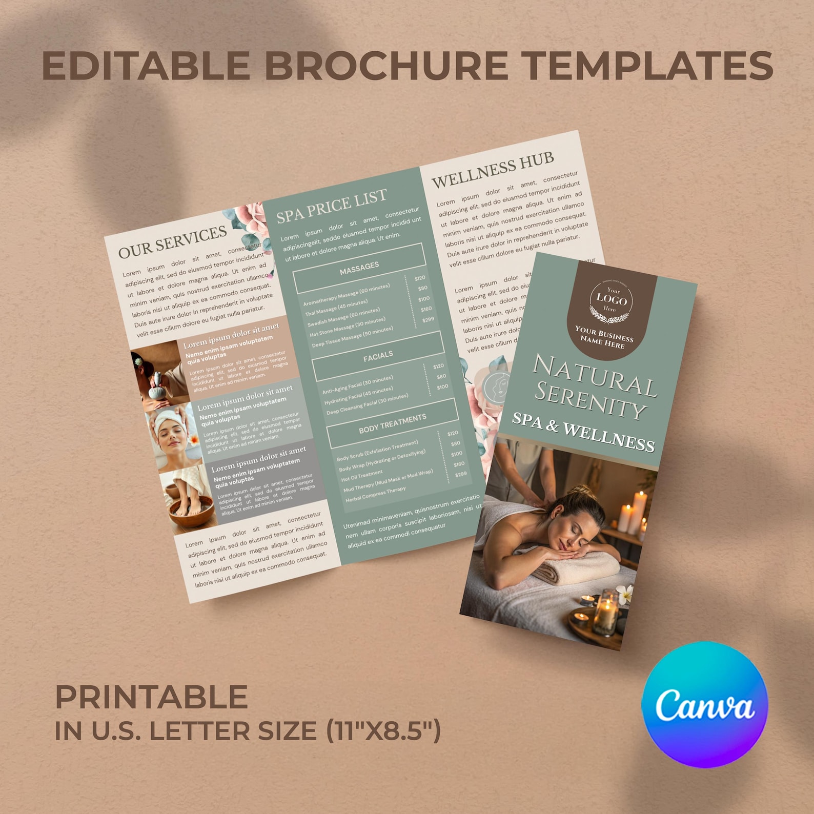Spa Trifold Brochure Template: Editable Wellness Center Flyer (11"x8.5 ...