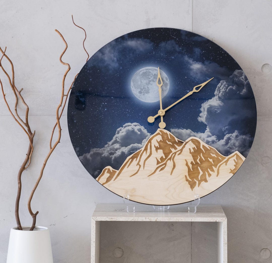 Mountain Wall Clock, Moon Wall Clock, Night Clock, Night Sky Clock ...