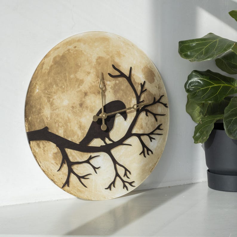 Moon Wall Clock, Full Moon Clock, Raven Clock, Crow Clock, Bird Wall ...