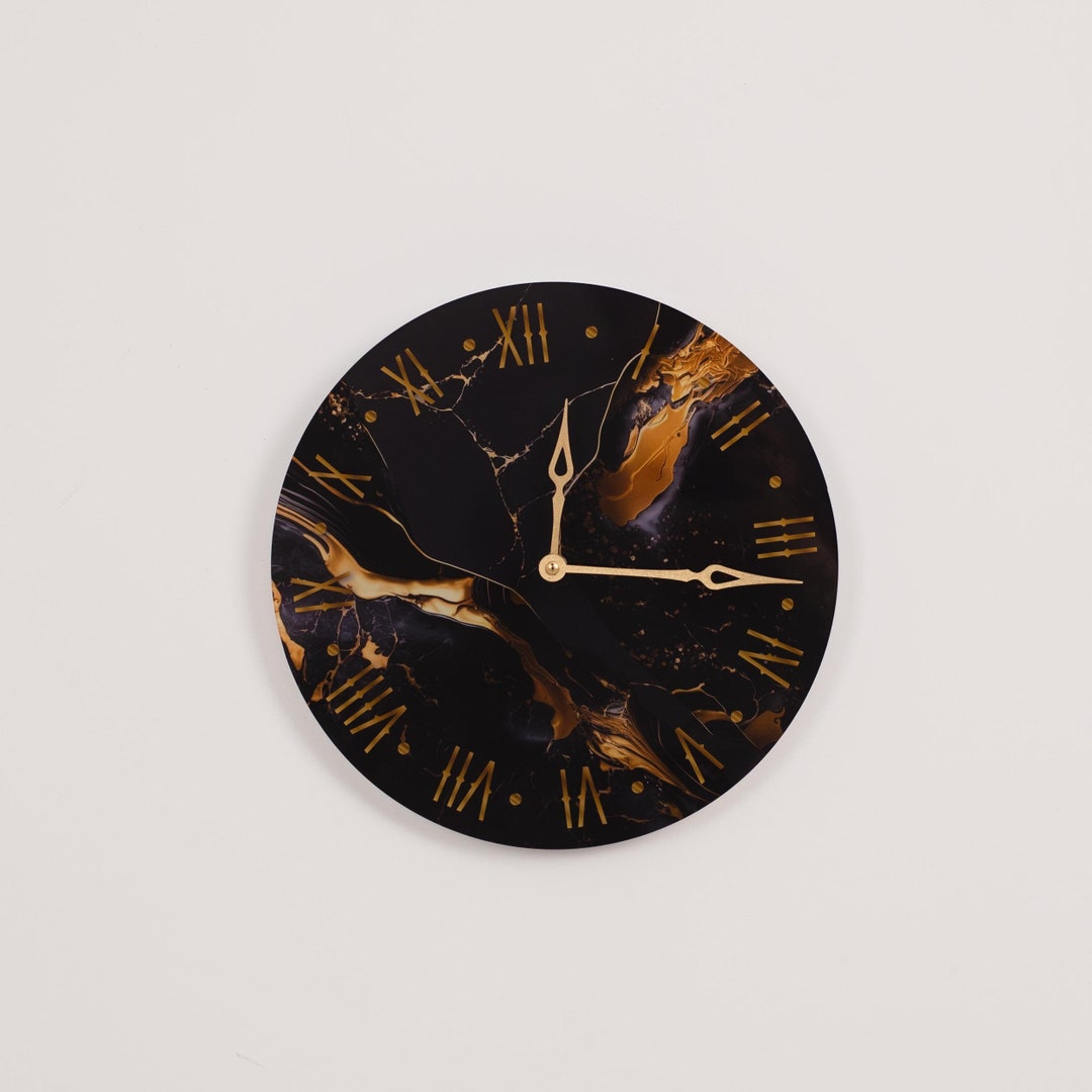 Black and Gold Clock, Marble Wall Clock, Epoxy Wall Clock, Resin Wall ...