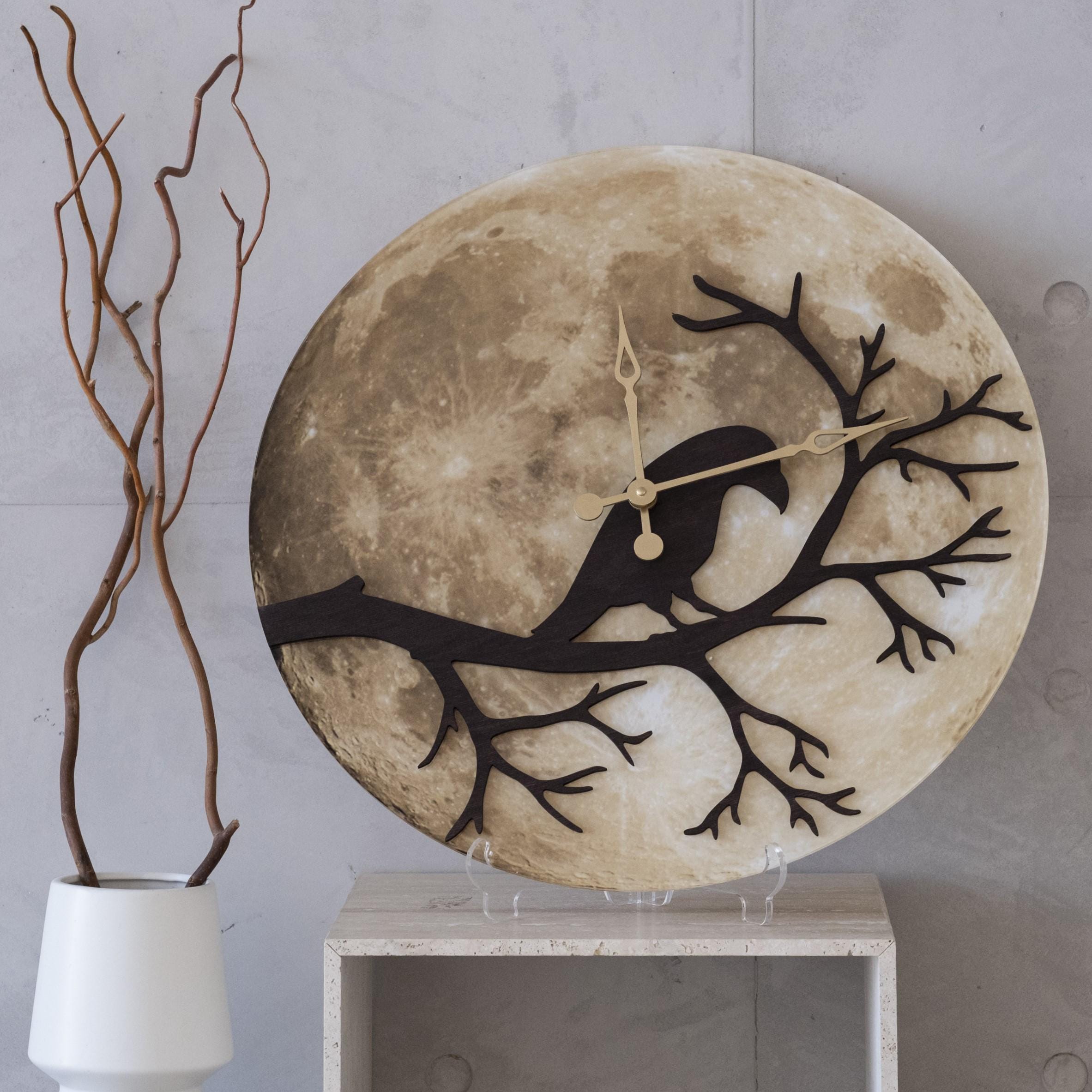 Moon Wall Clock, Full Moon Clock, Raven Clock, Crow Clock, Bird Wall ...