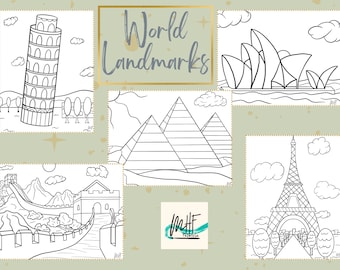 World Landmarks Coloring Pages, Hand-drawn Geography Art (digital ...
