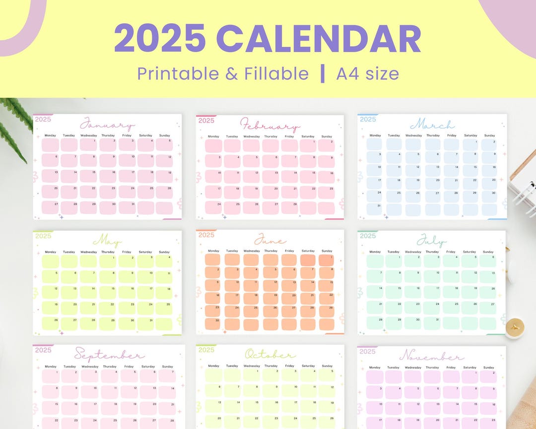 2025 Calendar Printable, Colourful Yearly Planner, Digital Monthly ...
