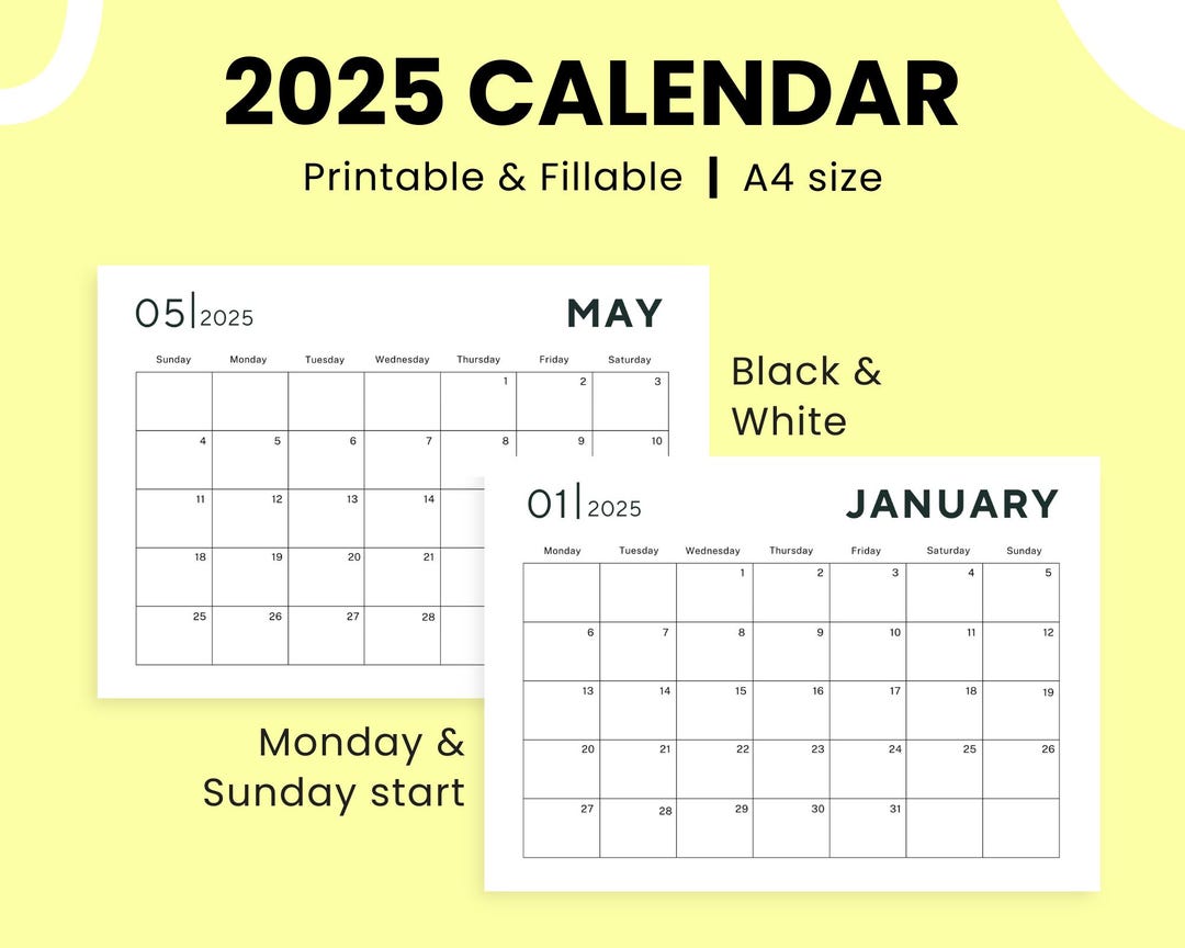 2025 Calendar Printable & Fillable, Black and White Monthly Planner ...