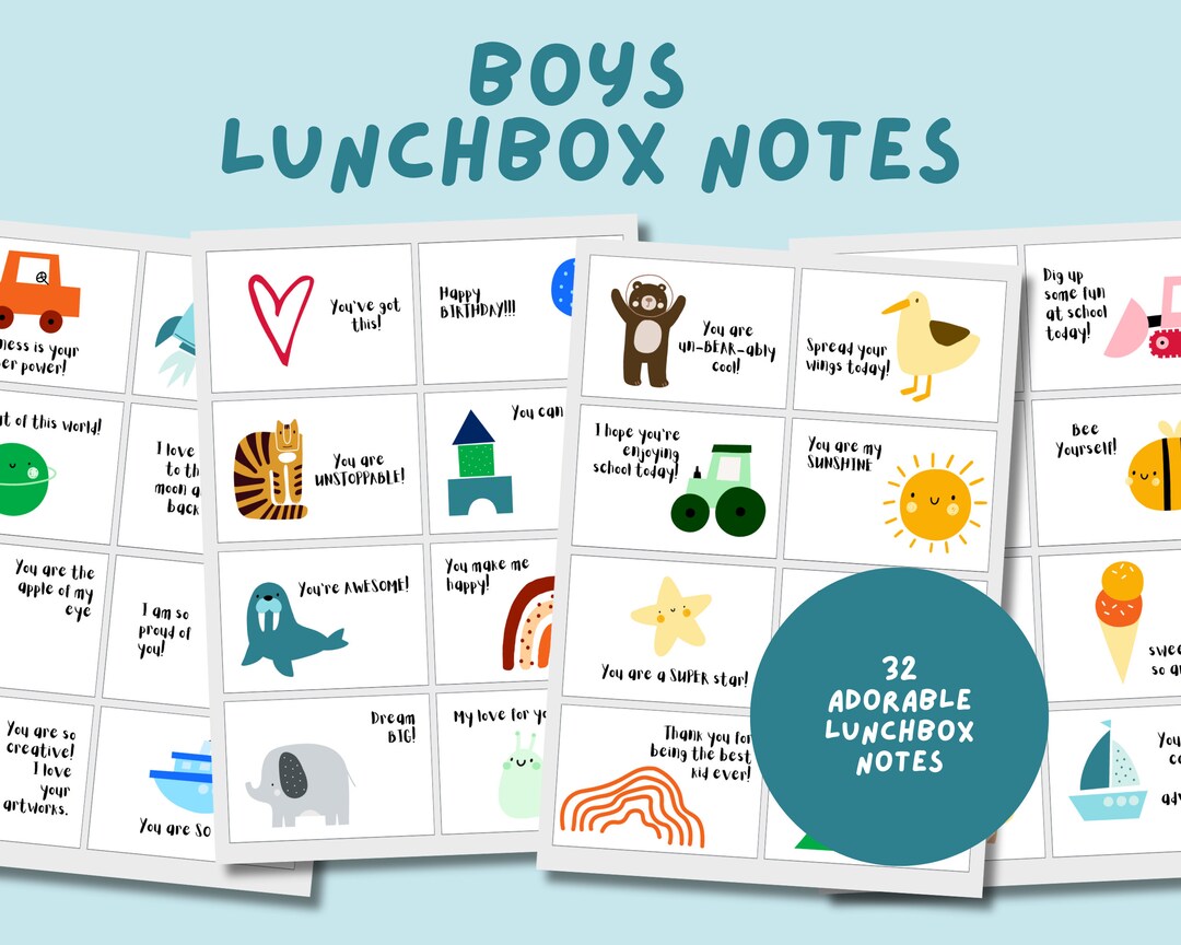 Boys Lunchbox Lunch Box Notes Printable, Lunch Notes for Kids, Cute ...