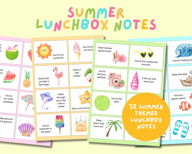 Summer Lunchbox Notes, Lunch Box Notes Printable, Lunch Notes for Kids ...
