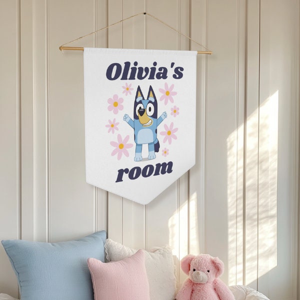 Personalized Bluey Pennant Flag for Girl's Room Decor Pink and Blue - Etsy