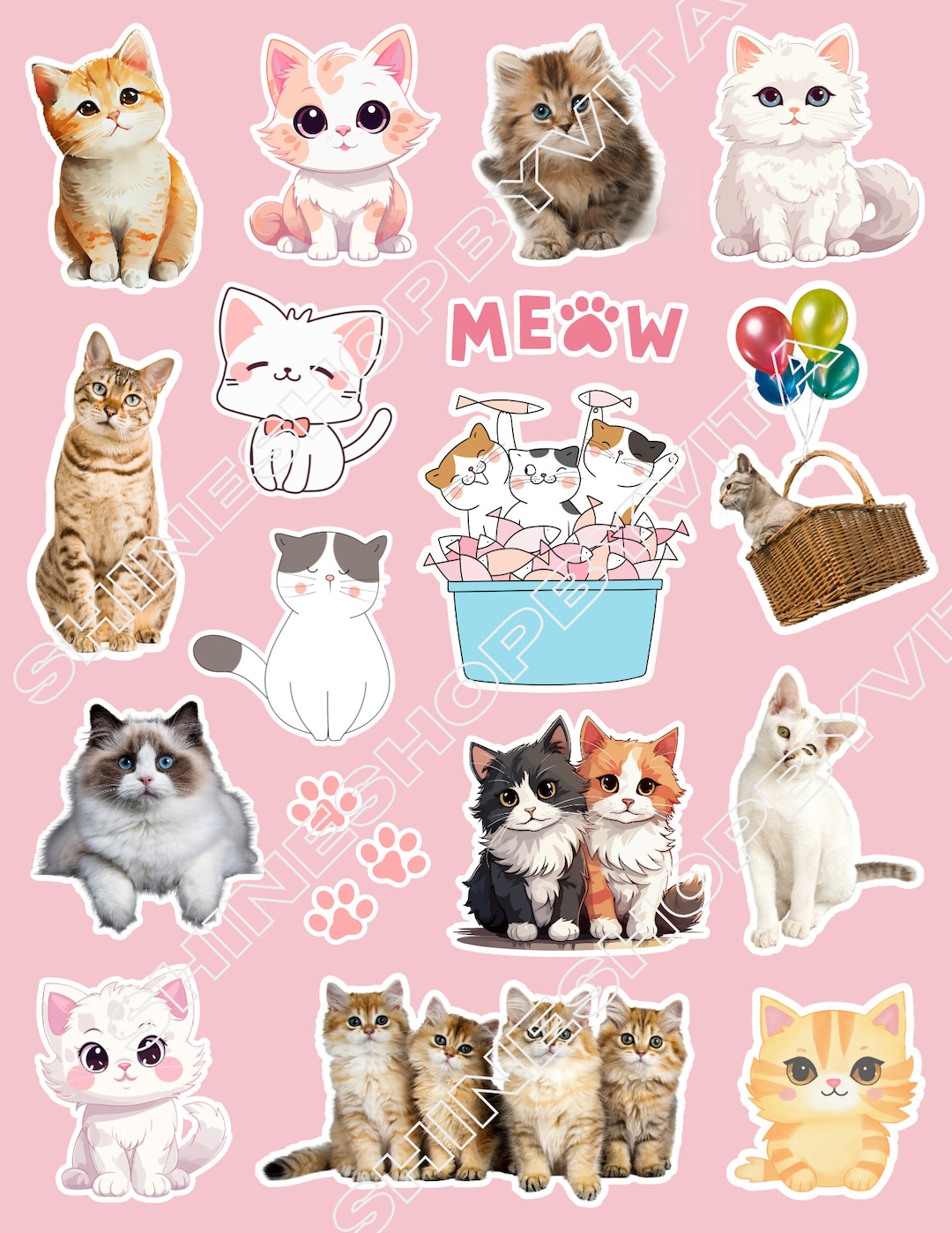 Cute Cat Stickers, Digital Download, Printable, Sticker Sheet, Rewards ...