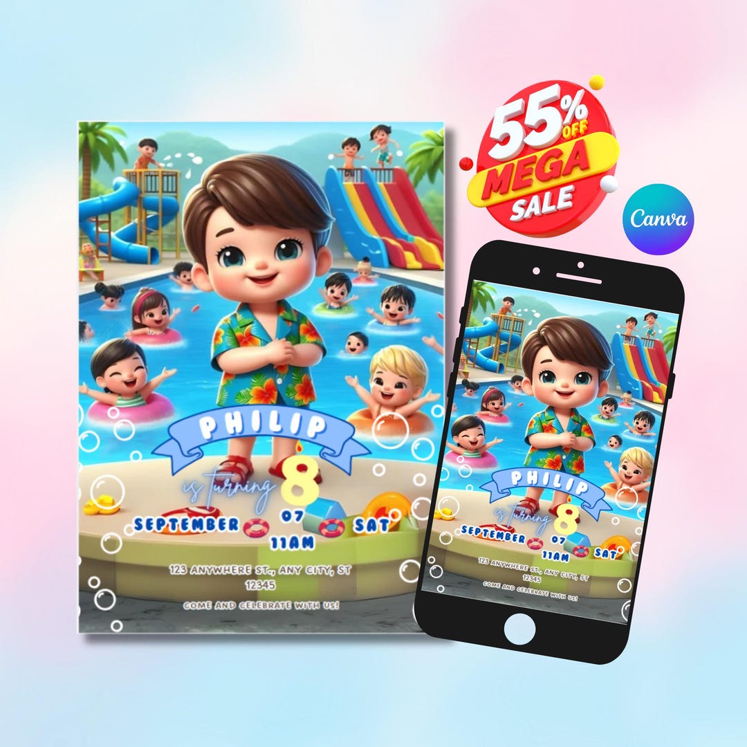 Swimming Pool Party Digital Invitation Template, Floats Editable ...