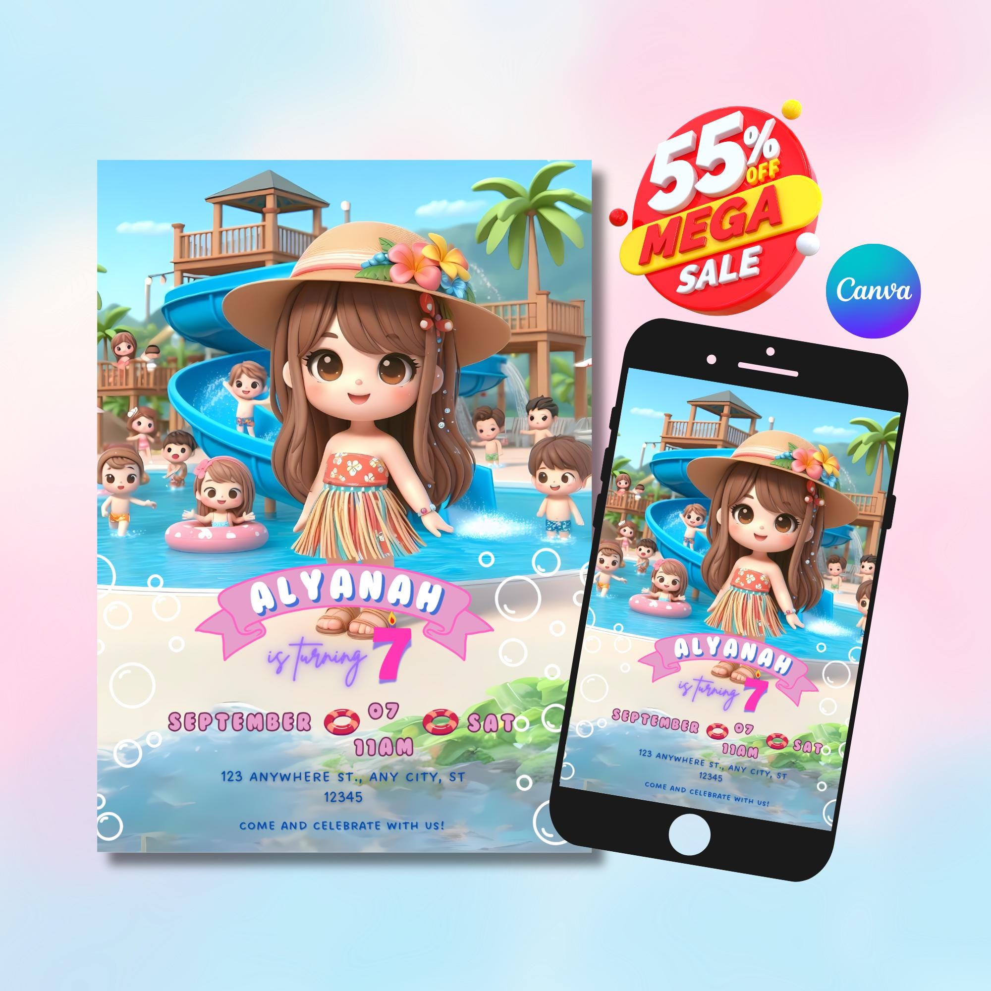 Floats Editable, Swimming Pool Party Digital Invitation Template ...