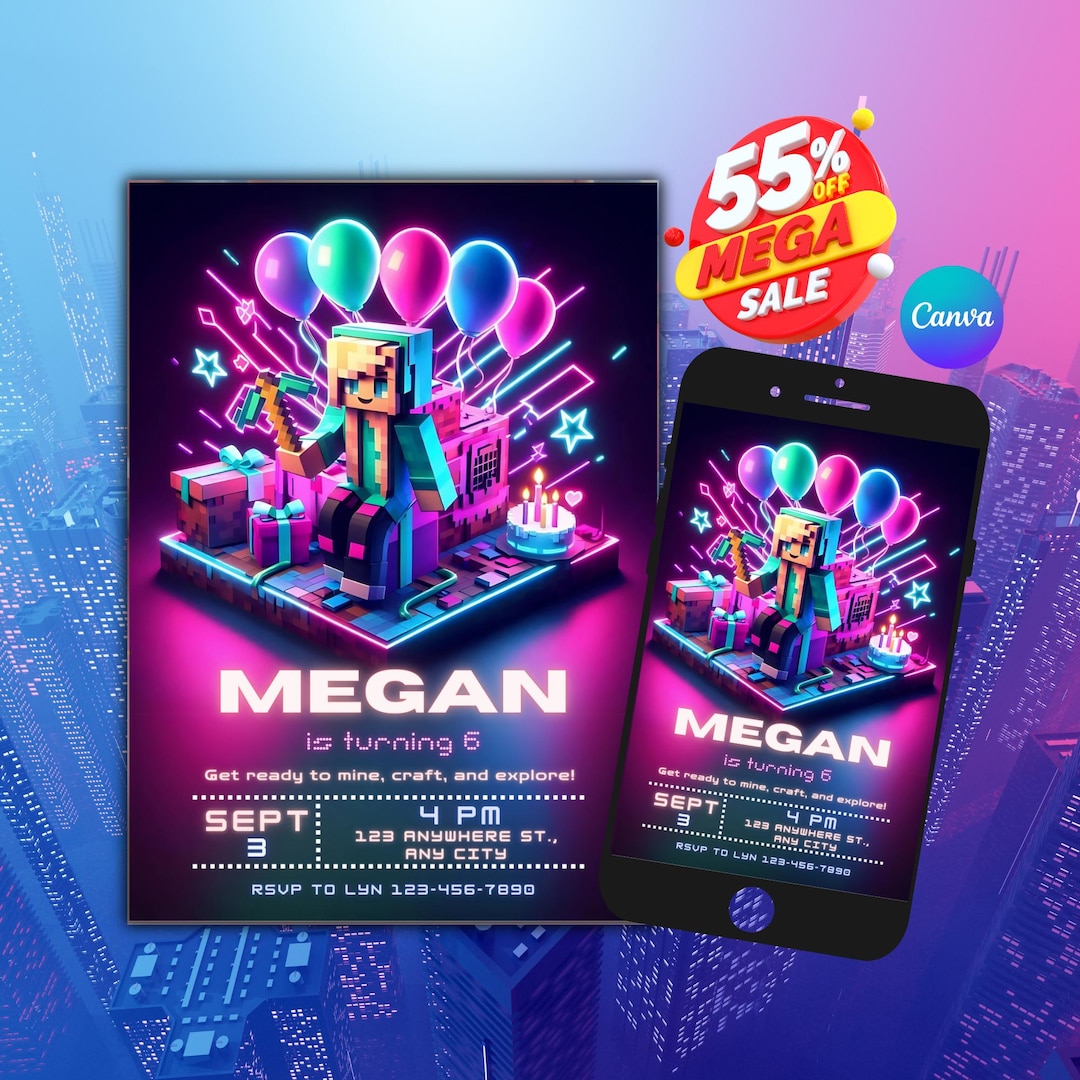 Neon Roblox Birthday Invitation, Colorful Game Roblox DIY, E-vite ...