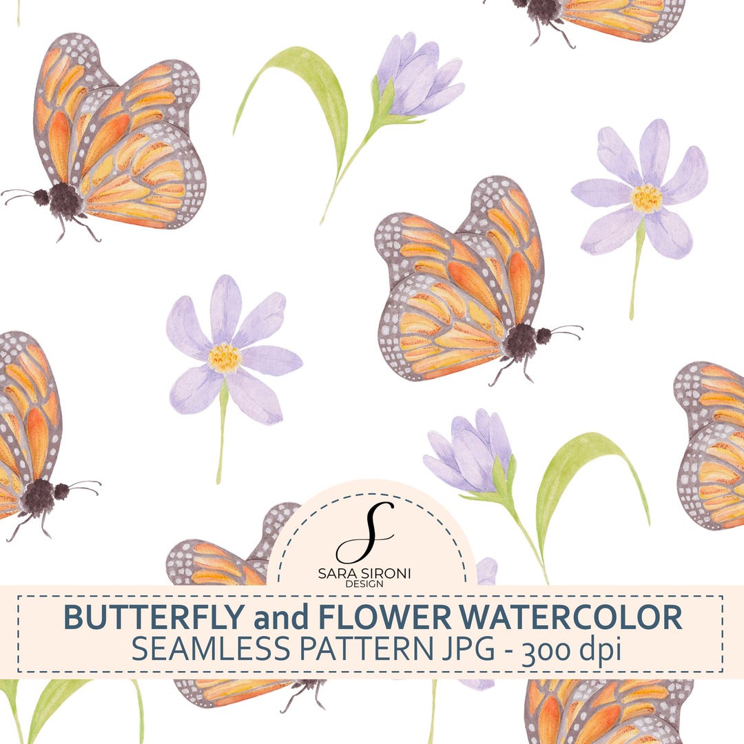 Monarch Butterfly Seamless Pattern, Watercolor Lilac Daisy Floral ...