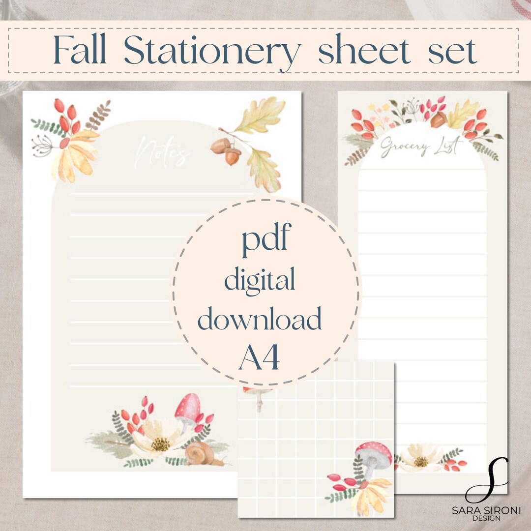 Fall Stationery Set Printable, Fall Grocery List, Notes & Notepad A4 ...
