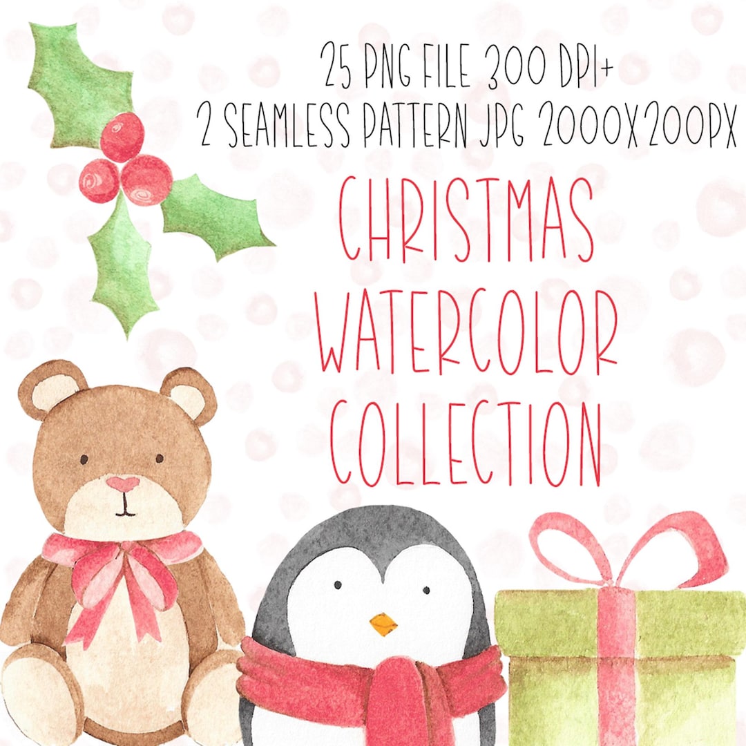 Watercolor Christmas Clip Art, 25 Images+2 Seamless Pattern- Png ...