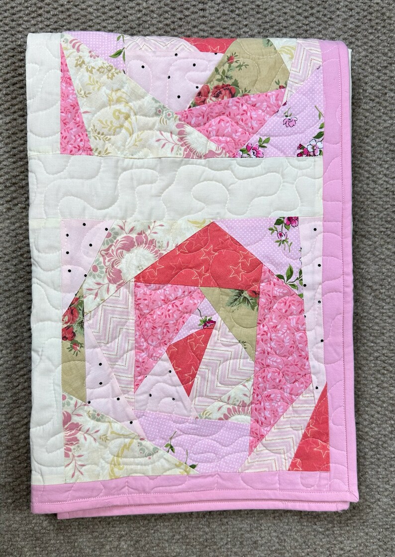 Handmade Rose Block Baby Quilt, Pink Coral Floral Patchwork, Cotton ...