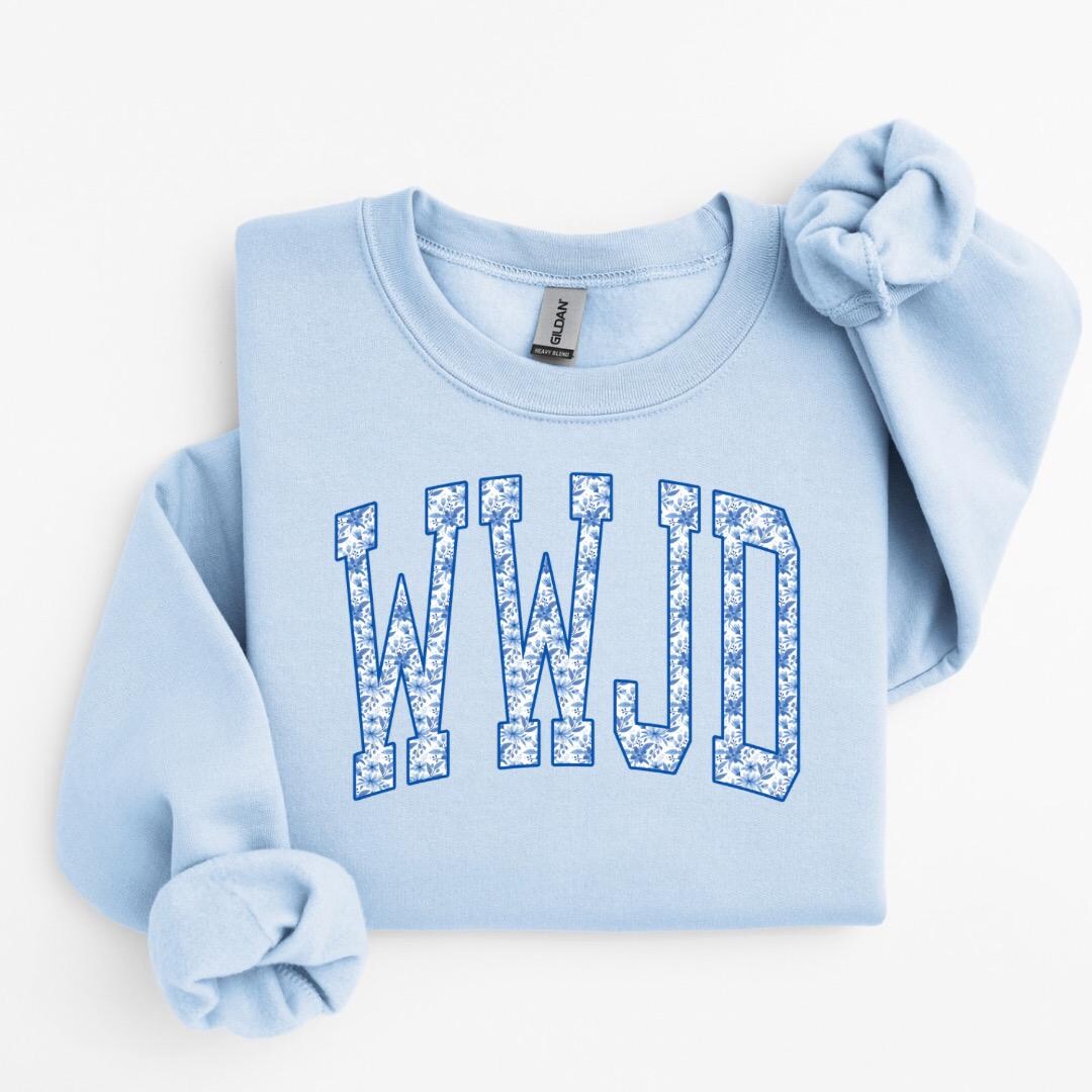 WWJD Floral Sweatshirt - Light Blue Christian Crewneck, Faith-based ...