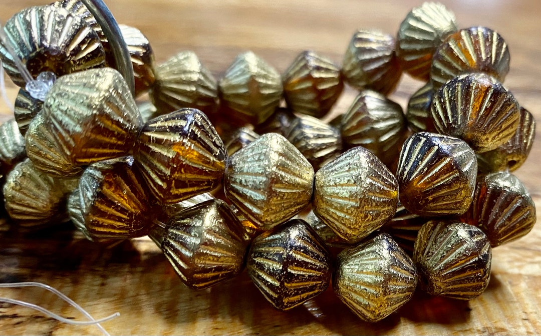 Tribal Bicone Alloy Orange With a Gold Finish Czech Pressed Glass Beads ...