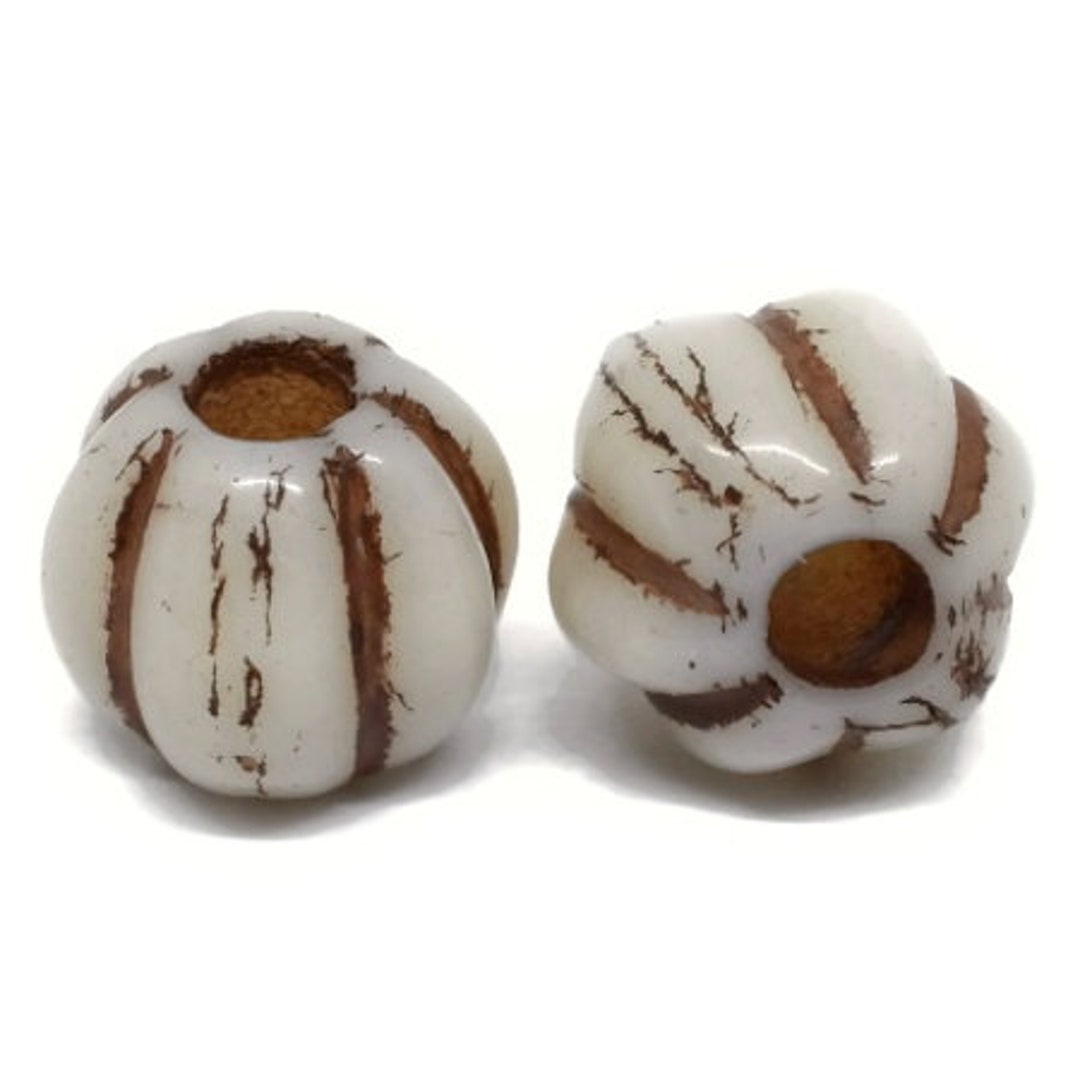 Melon Beads 8mm Large Hole Corrugated Melons White With Brown Wash ...