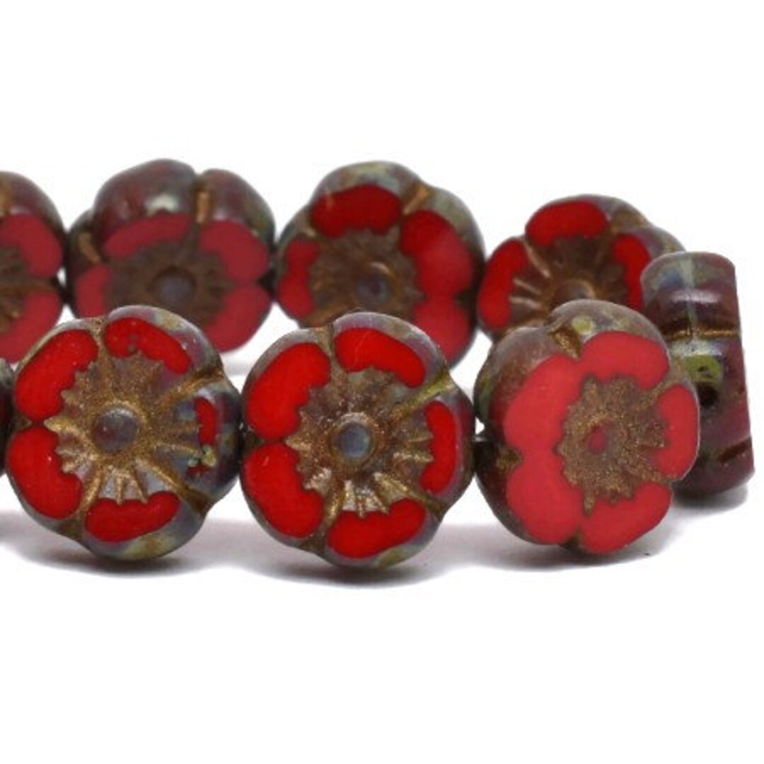 Hawaiian Hibiscus Flower Beads 9mm Ruby Red With Picasso and Bronze ...