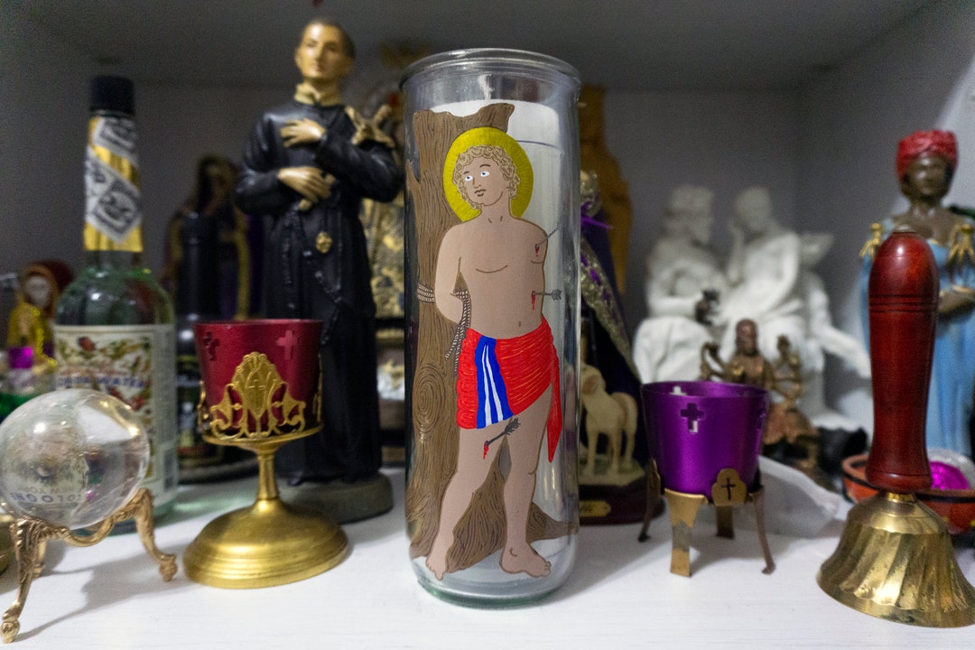 Made-to-order: Saint Sebastian Hand Painted Glass 7-day Candle - Etsy