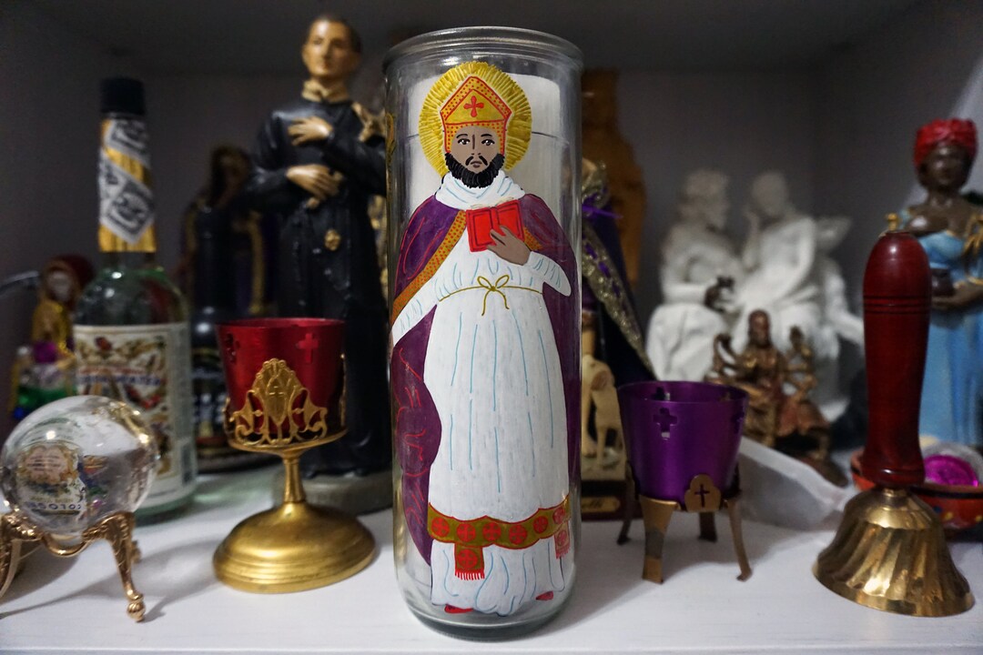 Saint Cyprian Hand Painted Glass 7-day Candle - Etsy